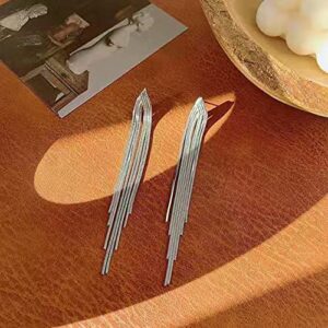 Long Silver Earrings for Women Dangling Silver Tassel Earrings Silver Long Metal Chain Tassel Dangle Earrings Silver Fringe Earrings Geometric Earrings Bridesmaid Jewelry