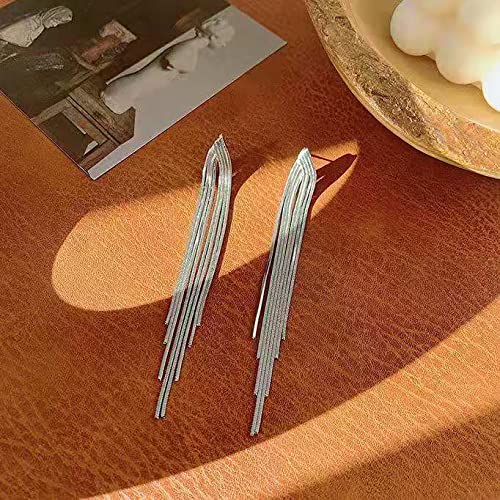 Long Silver Earrings for Women Dangling Silver Tassel Earrings Silver Long Metal Chain Tassel Dangle Earrings Silver Fringe Earrings Geometric Earrings Bridesmaid Jewelry