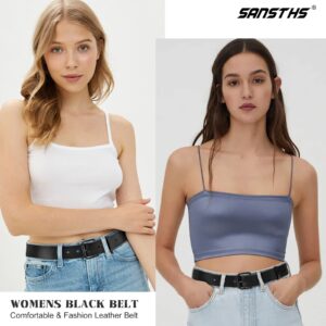 SANSTHS Women Black Casual Leather Belt with Gold Buckle Ladies Dress Belt for Jeans Pant 1.44" Width