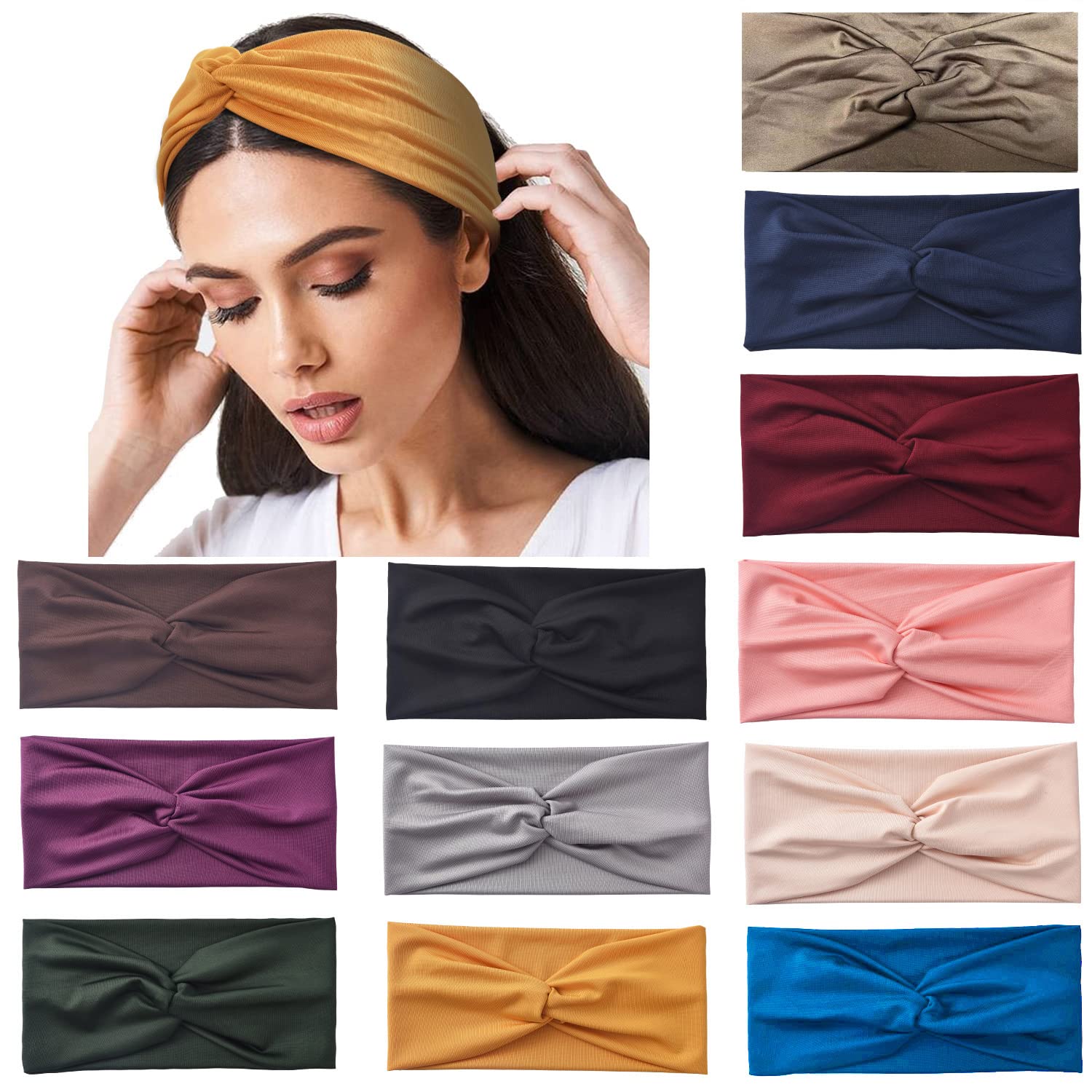 Yeshan 12 Pack Wide Twist Headbands for Women No slip Turban Headbands Stretchy Criss Cross Headbands Yoga Workout Sport Hair bands Solid colors Bandana Headbands