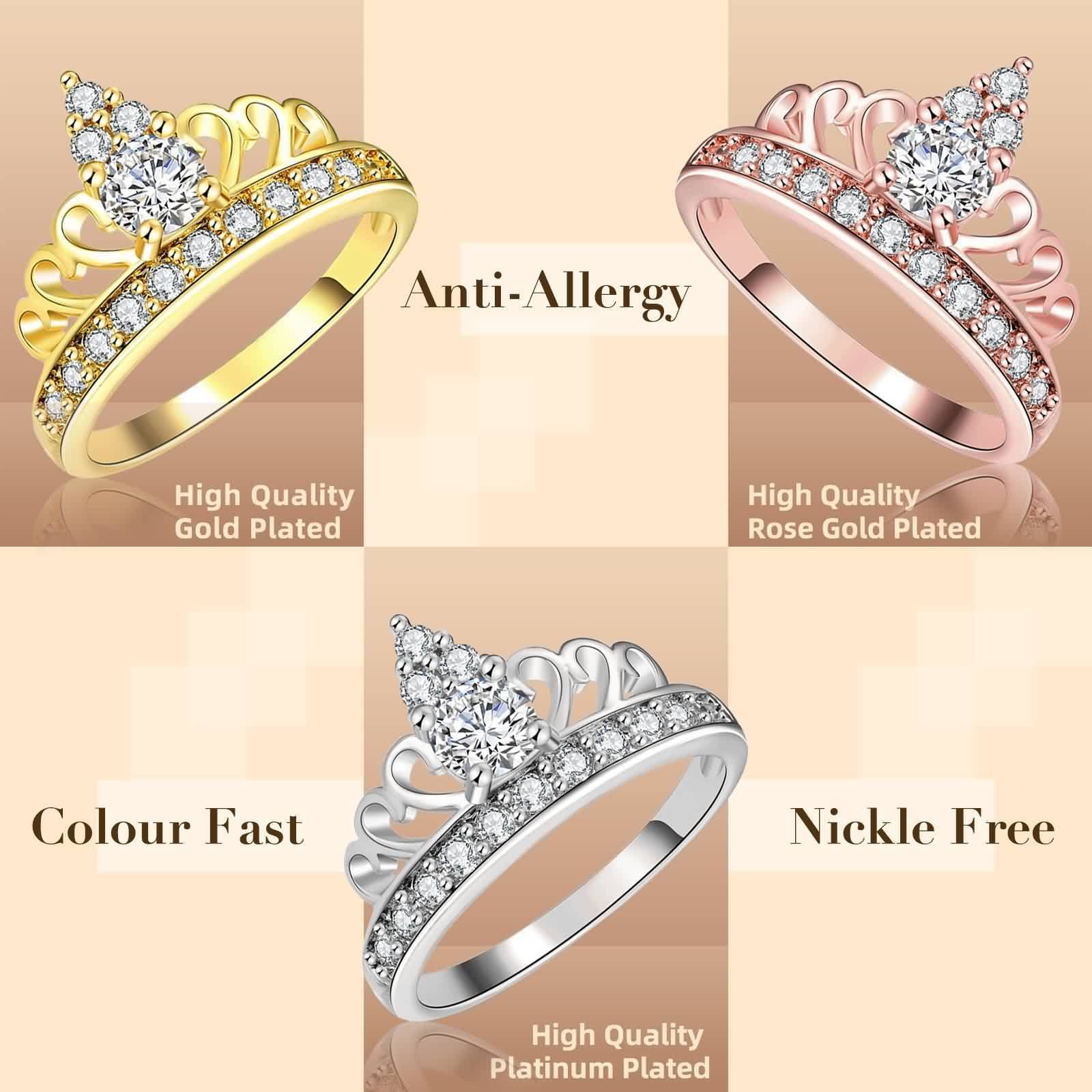 Fashion Rings for Women, Gold Wedding Rings Cubic Zirconia Tiara Princess Queen Best Friend Promise Gifts Size 8