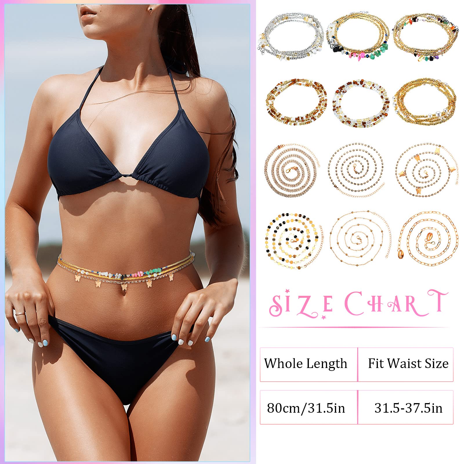 12 Pcs Waist Beads Body Jewelry Beach Bikini Belly Beads Waist Chains for Women Adjustable Belly Necklace Stomach Jewelry Chain Women's Body Chains (Simple Style)