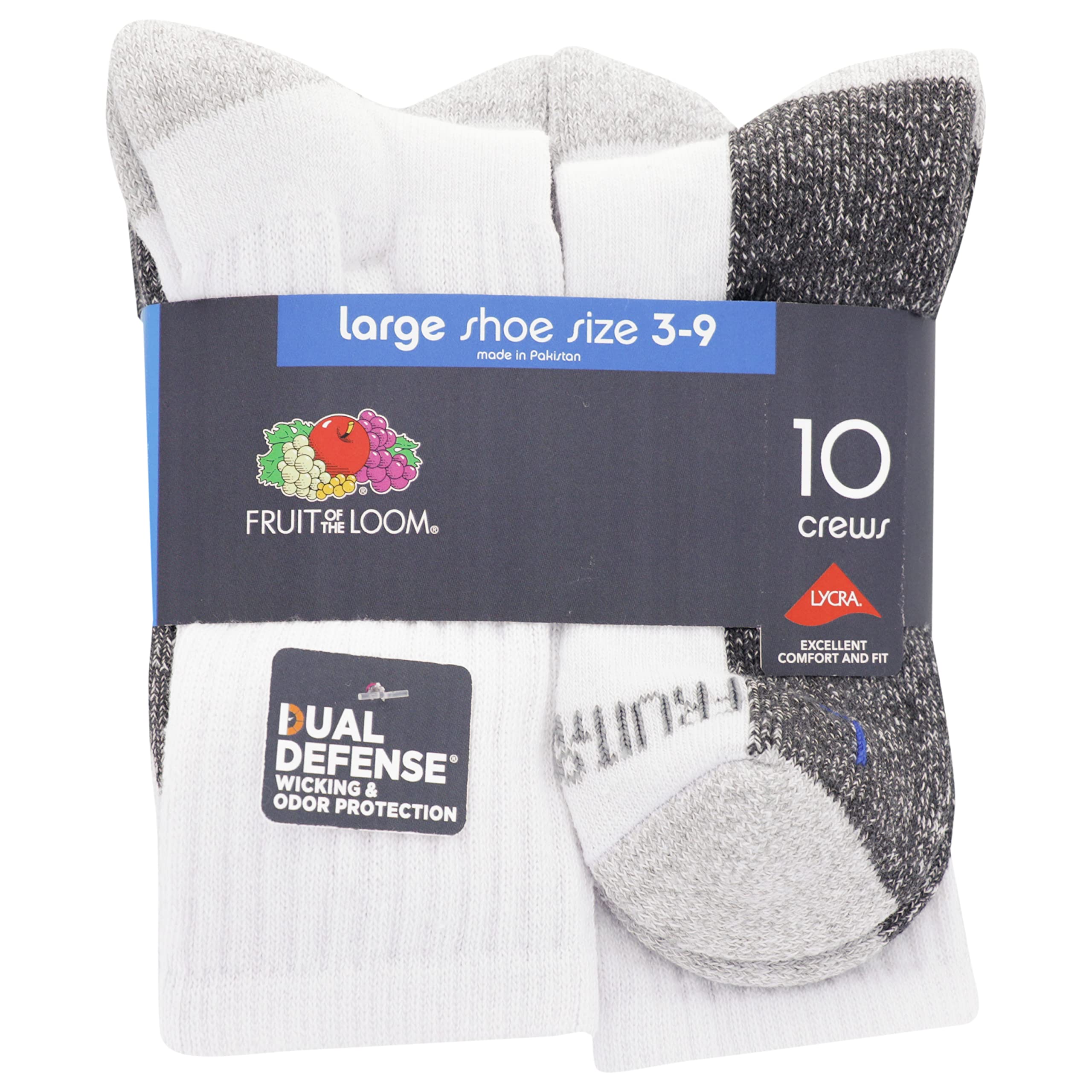 Fruit Of the Loom Boys' Dual Defense Crew Socks (10 Pack), White, Large