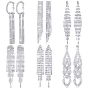 sureio 6 pairs long earrings silver chandelier tassel dangle earrings for women wedding prom party jewelry fringe rhinestone earrings boho tassel drop dangle crystal earrings(delicate style)