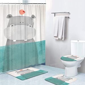 lokmu 4 pcs shower curtain sets with non-slip rugs, toilet lid cover and bath mat,blue nursery hippo in water gray cute bird waterproof shower curtain with 12 hooks, bathroom decor sets, 72" x 72"