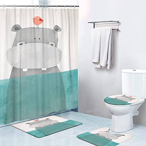 LOKMU 4 Pcs Shower Curtain Sets with Non-Slip Rugs, Toilet Lid Cover and Bath Mat,Blue Nursery Hippo in Water Gray Cute Bird Waterproof Shower Curtain with 12 Hooks, Bathroom Decor Sets, 72" x 72"