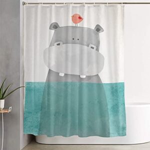 LOKMU 4 Pcs Shower Curtain Sets with Non-Slip Rugs, Toilet Lid Cover and Bath Mat,Blue Nursery Hippo in Water Gray Cute Bird Waterproof Shower Curtain with 12 Hooks, Bathroom Decor Sets, 72" x 72"