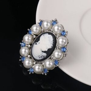 Cameo Brooch Pin, Vintage Victorian Jewelry Blue Crystal Brooch, Silver Tone Fashion Pearl Brooch for Women, Oval Shape Blue White Silver