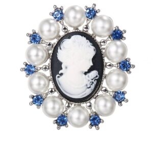 cameo brooch pin, vintage victorian jewelry blue crystal brooch, silver tone fashion pearl brooch for women, oval shape blue white silver