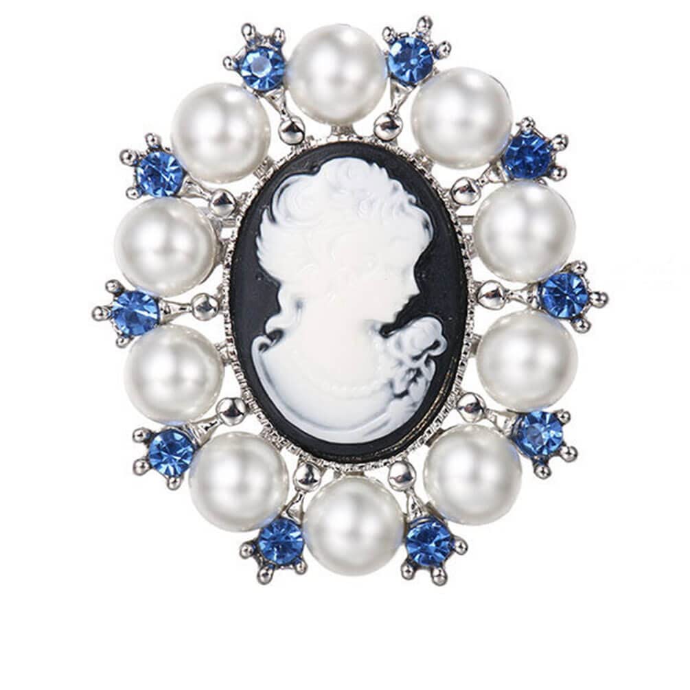 Cameo Brooch Pin, Vintage Victorian Jewelry Blue Crystal Brooch, Silver Tone Fashion Pearl Brooch for Women, Oval Shape Blue White Silver