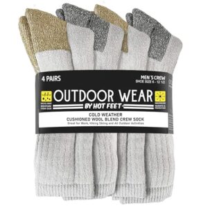 hot feet 4 pack work socks for men & women - breathable boot hiking socks, moisture wicking thick wool socks, sizes 6-12.5, man, dark gray & oatmeal