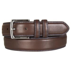 nautica men bold fashion and dress leather belt with metal buckle, logo inlay double keeper-brown, 34"