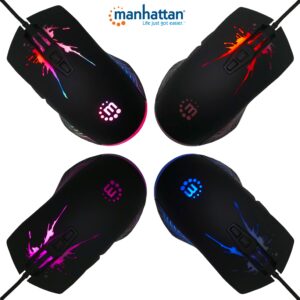 MANHATTAN Wired RGB Gaming Mouse – Long 5 ft Braided USB Cable, 7200 DPI, Ergonomic Gamer Optical Mouse with Light Up LED -for Windows PC and Laptop Computer- Black – 3 Yr Mfg Warranty –190121