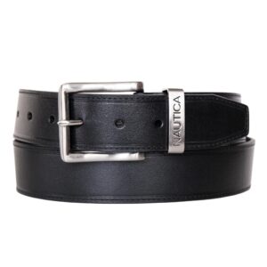 nautica men casual and dress leather belt with metal buckle, engraved keeper-black, 34"