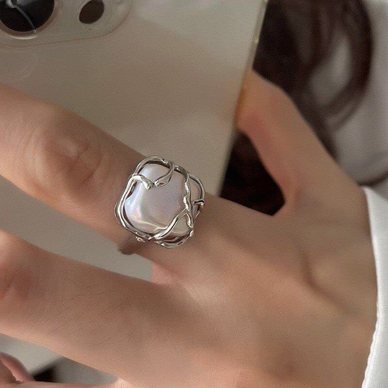 XACH1995 Fashion 925 Sterling Silver Plated Cute Matching Rings Set Adjustable Irregular Geometric Simulated Pearls 2 pcs Per Set