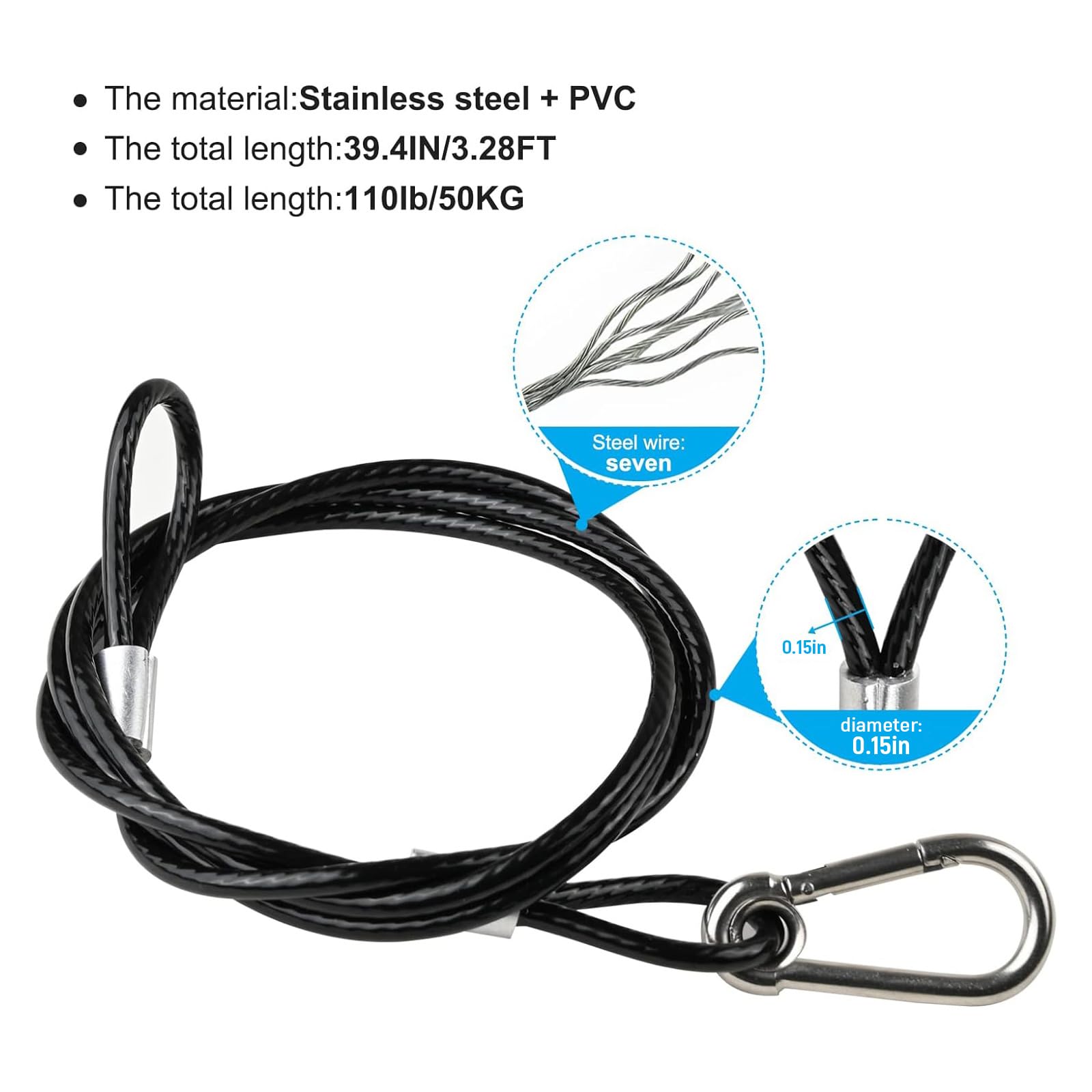 Vigtayue 39.4" Safety Cable Black Coated Stainless Steel Security Cable with Carabiner Lock, 110lb Safety Rope for DJ Stage Light LED Par Light Moving Head Light Bicycle Luggage(4 PCS)