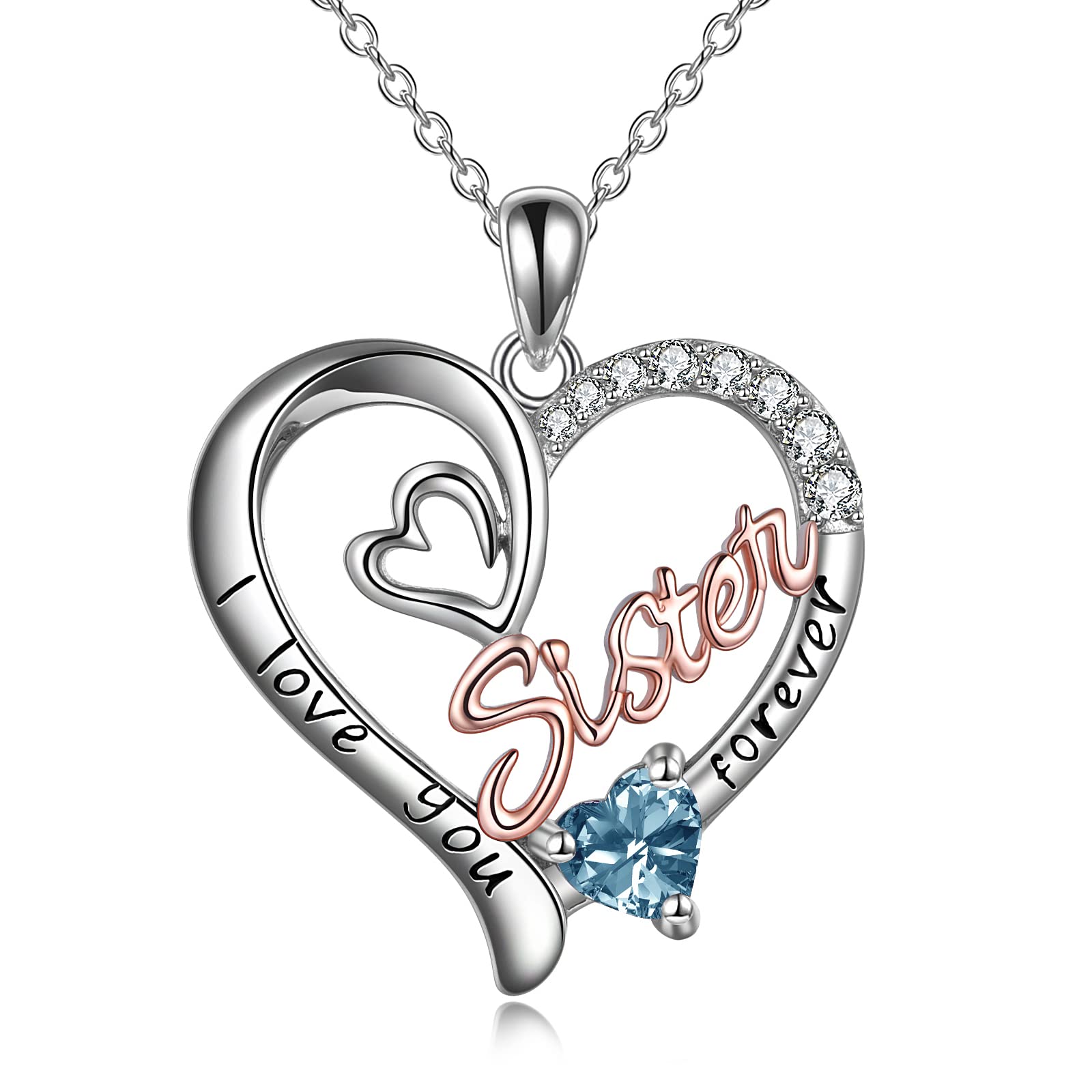 POTOPYY Gifts for Sister Sterling Silver Sister Necklace March Birthstone Pendant, I Love You Forever Necklace Sister Jewelry Gifts for Sisters Women Friend Birthday Christmas Mothers Day, 18+2 Inch