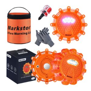 markstor 3 pack of led emergency car kit flashing warning lights roadside security for vehicle truck boats with hook, amber safety flares warning lights disc magnet (battery not included)