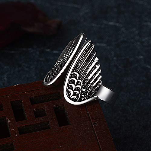 925 Silver Ladies Angel Wings Ring Vintage Thai Silver Stained Black Angel Wings Open Ring Hip Hop Rock Eternity Engagement Wedding Anniversary Band Cocktail Ring 592 (black)