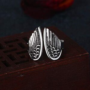 925 Silver Ladies Angel Wings Ring Vintage Thai Silver Stained Black Angel Wings Open Ring Hip Hop Rock Eternity Engagement Wedding Anniversary Band Cocktail Ring 592 (black)