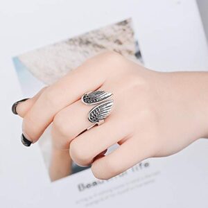 925 Silver Ladies Angel Wings Ring Vintage Thai Silver Stained Black Angel Wings Open Ring Hip Hop Rock Eternity Engagement Wedding Anniversary Band Cocktail Ring 592 (black)