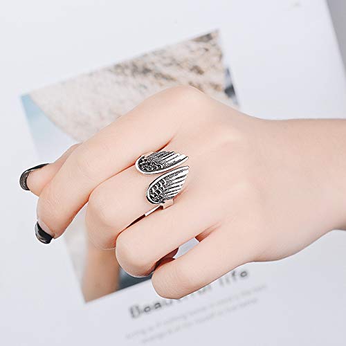 925 Silver Ladies Angel Wings Ring Vintage Thai Silver Stained Black Angel Wings Open Ring Hip Hop Rock Eternity Engagement Wedding Anniversary Band Cocktail Ring 592 (black)