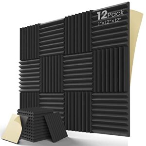 leiyer upgrade 12 pack sound proof foam panels with self-adhesive, 1" x 12" x 12" acoustic panels quick-recovery, acoustic foam wedges high density (12pcs, black)