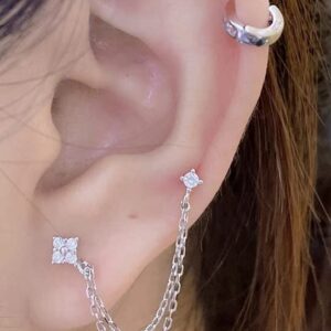 Round CZ Flower Double Piercing Studs With Chain Cuff 925 Sterling Silver Earrings for Women Teen Girls Cartilage Two Holes Tassel Threader Dangle Drop Hypoallergenic Climber Crawler Cute Dainty