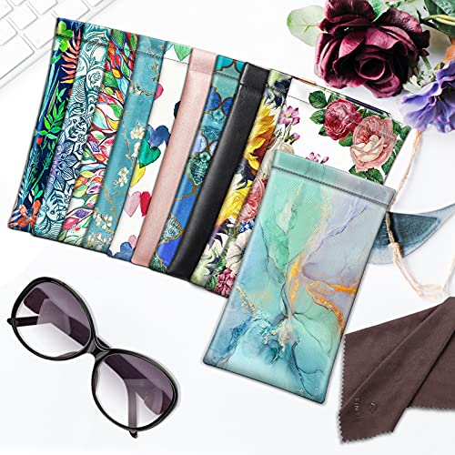 Fintie [2 Pack] Eyeglasses Pouch with Cleaning Cloth, Portable Squeeze Top Leather Glasses Case Sunglasses Bag, Emerald Marble + Blooming Hibiscus