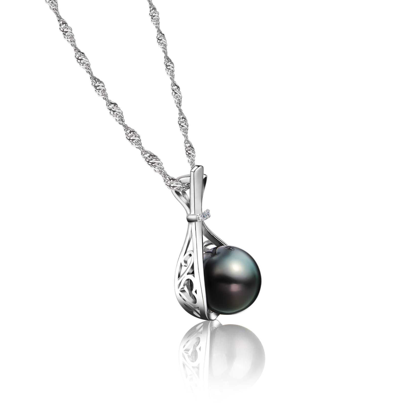 Red Lychee Genuine Black Pearl Necklace AAAA Quality 10 mm Round South Sea Cultured Tahitian Black Pearl Pendant Necklace with Certified Moissanite Gift for Women Wife Mom 18 inches