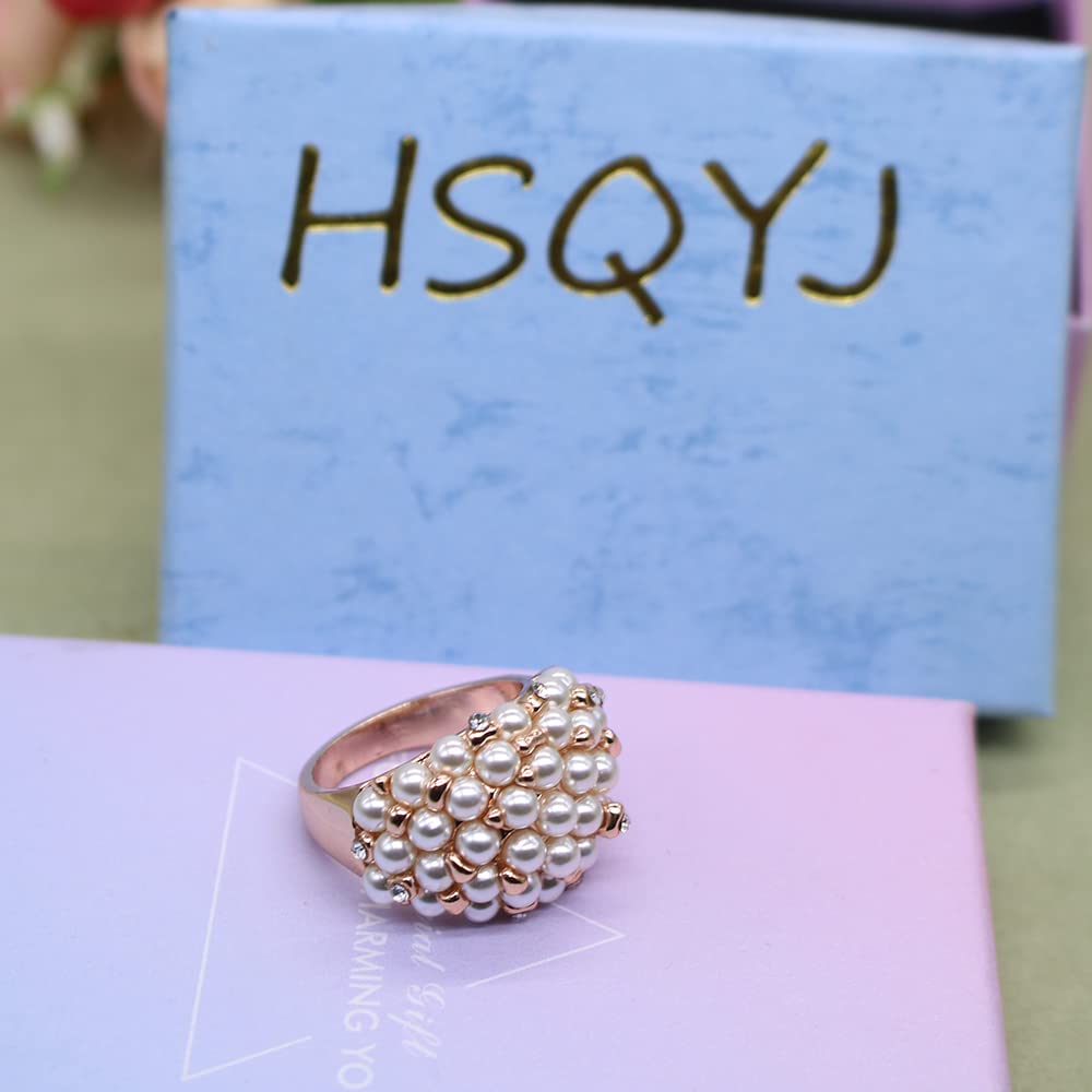 HSQYJ White Pearl Crystal Ring Elegant Rhinestone Cocktail Statement Rings Uniquely Stylish Fashion Creative Engagement Jewelry for Women Gold Plated