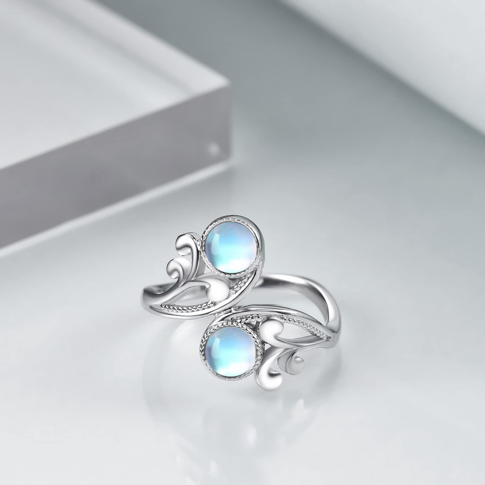 TIGER RIDER Double Moonstone Wave Rings for Women 925 Sterling Silver Filigree Ring for Girls Mother Daughter Gifts Size 8