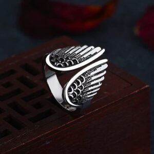 925 Silver Ladies Angel Wings Ring Vintage Thai Silver Stained Black Angel Wings Open Ring Hip Hop Rock Eternity Engagement Wedding Anniversary Band Cocktail Ring 592 (black)