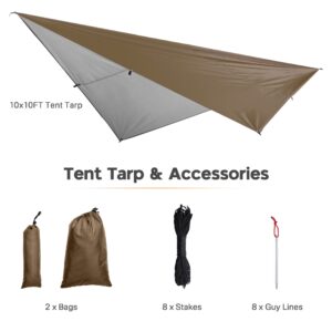 Yescom Hammock Rain Fly Waterproof Tent Tarp, 210D Oxford, UV Protection and PU3000mm Lightweight Shelter Canopy Including Accessories for Camping, Backpacking and Outdoor Adventure (Brown-10x10FT)