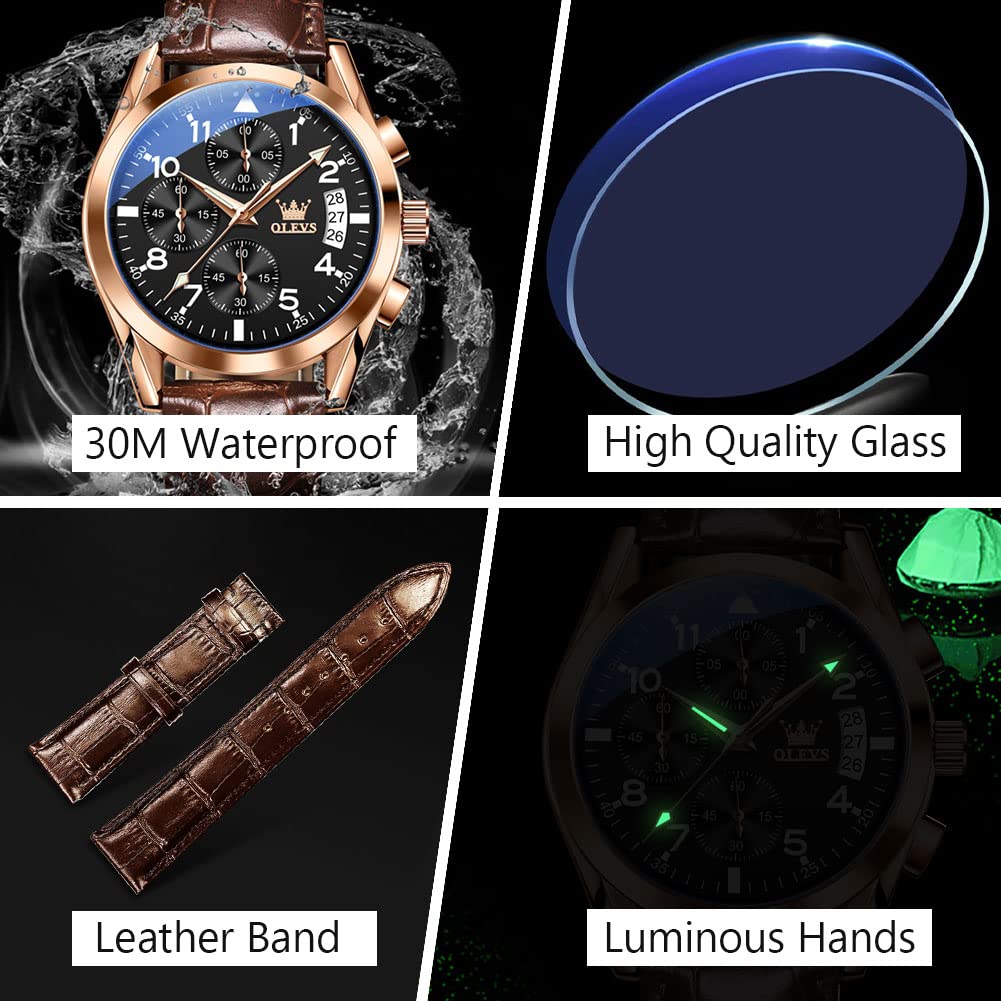 Black Watch for Men Large Face Brown Leather Band Watches with Date Stainless Steel Fashion Men's Chronograph Watches Rose Gold Waterproof Luminous Easy Read Mens Multifunction Aviator Watch for Men