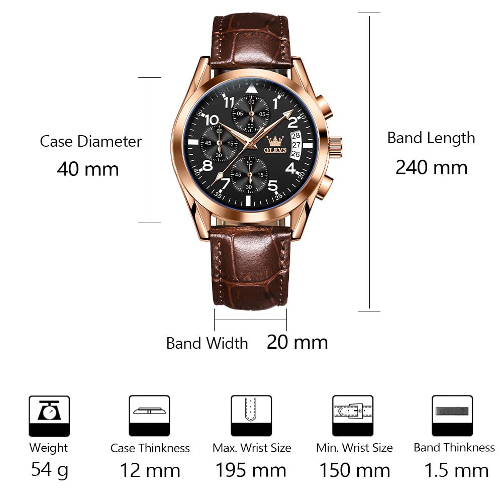 Black Watch for Men Large Face Brown Leather Band Watches with Date Stainless Steel Fashion Men's Chronograph Watches Rose Gold Waterproof Luminous Easy Read Mens Multifunction Aviator Watch for Men