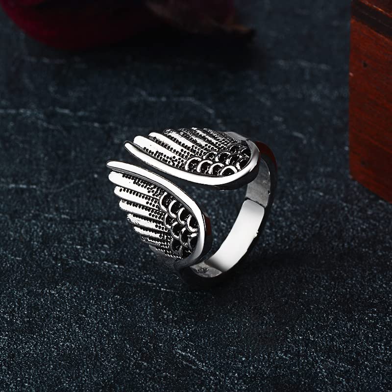 925 Silver Ladies Angel Wings Ring Vintage Thai Silver Stained Black Angel Wings Open Ring Hip Hop Rock Eternity Engagement Wedding Anniversary Band Cocktail Ring 592 (black)