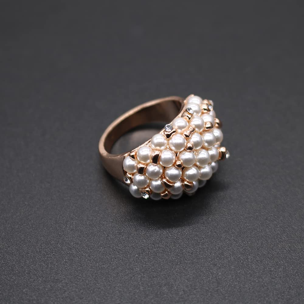 HSQYJ White Pearl Crystal Ring Elegant Rhinestone Cocktail Statement Rings Uniquely Stylish Fashion Creative Engagement Jewelry for Women Gold Plated