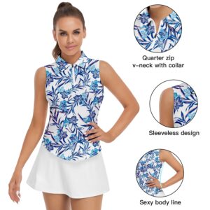 Soneven Womens Sleeveless Golf Shirt Printed Polo Tennis Shirts Moisture Wicking Athletic Sport Golf Tank Top Blue Floral