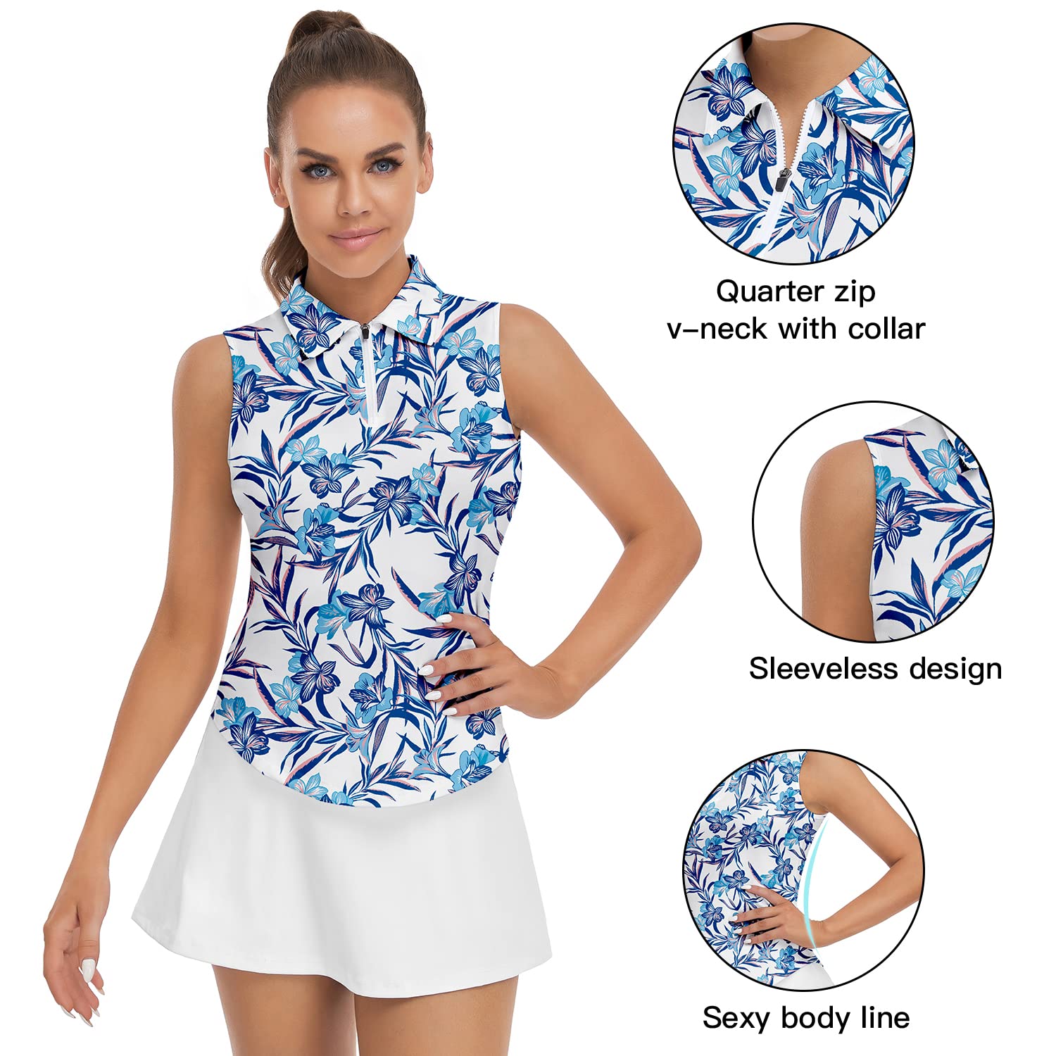 Soneven Womens Sleeveless Golf Shirt Printed Polo Tennis Shirts Moisture Wicking Athletic Sport Golf Tank Top Blue Floral