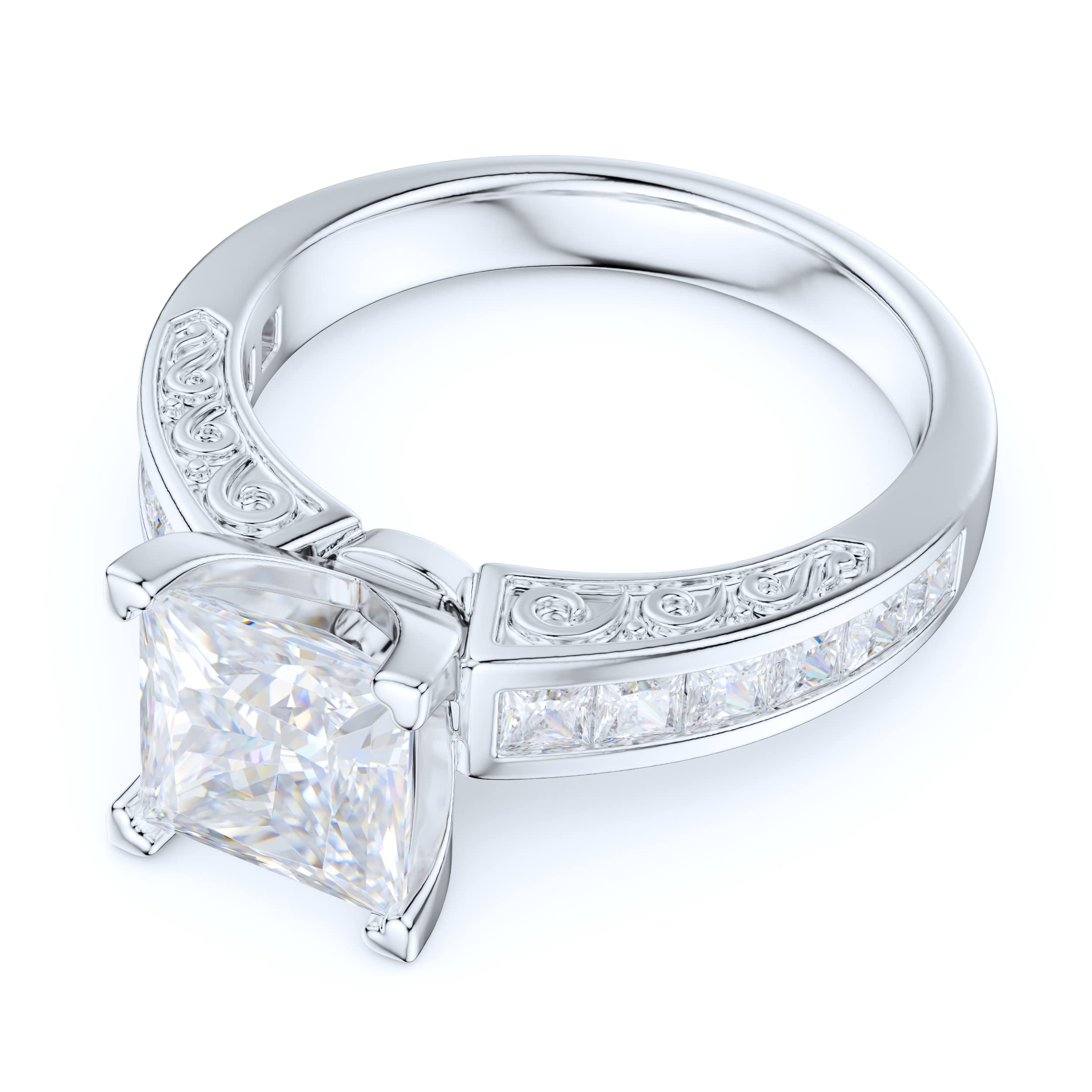 PRSTANI Sterling Silver 1.5ct Classic Filigree Pattern Simulated Princess Cut Diamond Promise Engagement Ring (6.5)