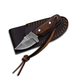 medieval supplies damascus steel edc knife 4.5inch fixed blade mini for skinning,survival,camping and outdoor enthusiasts with natural handle leather sheath brand by (wood)