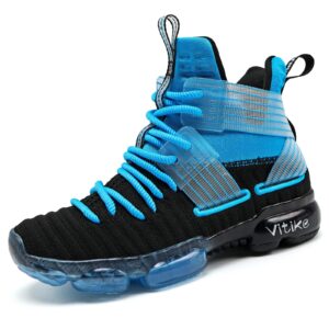 jmfchi boys basketball shoes kids sneakers high-top sports shoes durable lace-up non-slip running shoes for little kids big kids and girls size 5 black blue