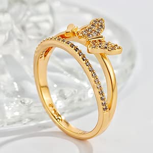 Esbbela Butterfly Ring for Women 14K Yellow Gold Plated Band Cubic Zirconia Braided Engagement Promise Statement Ring Jewelry Size 7