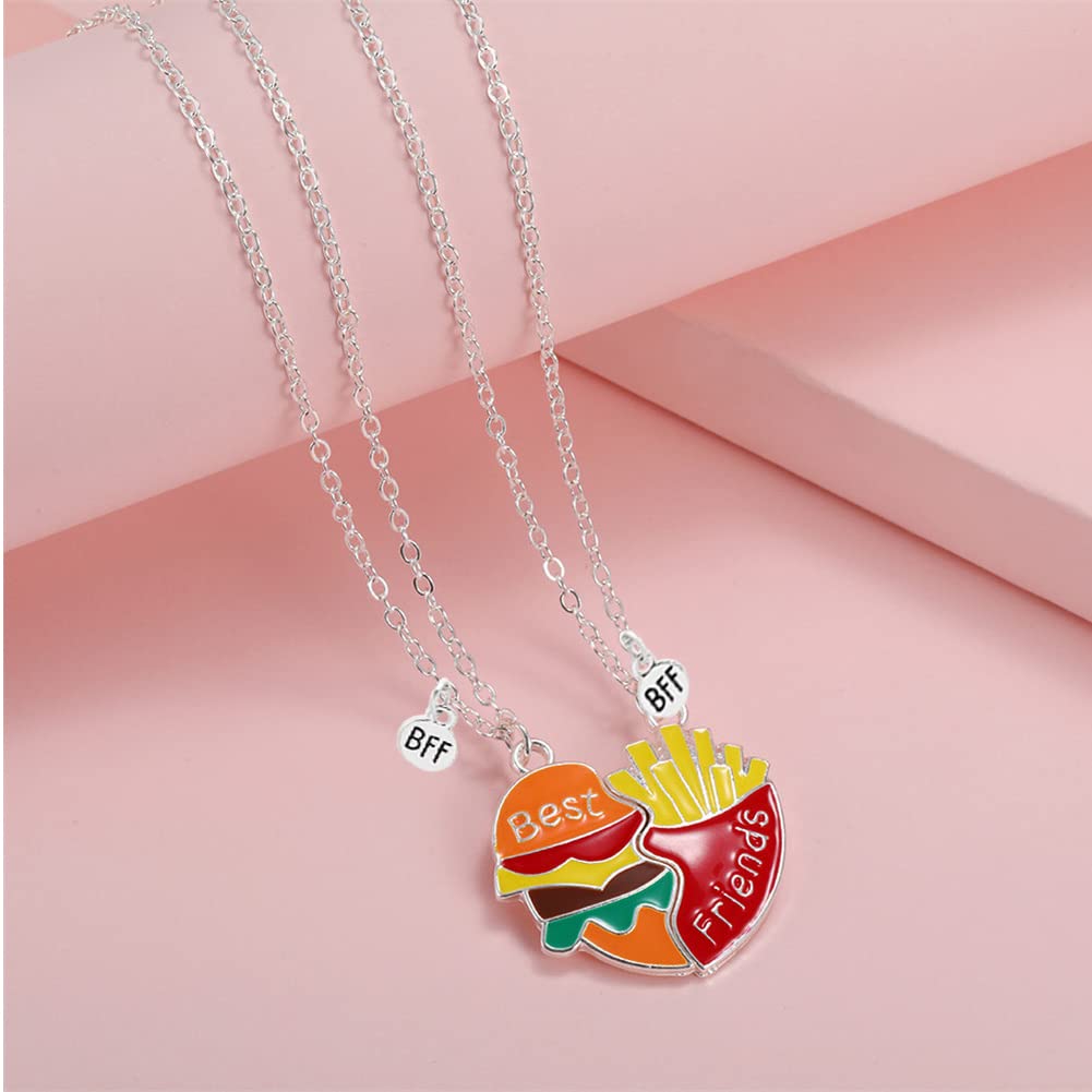 Hewill Matching Best Friends Necklace Cute Love Heart Hamburger Fries Friendship Necklace for Women Men BFF Necklace for 2 Set