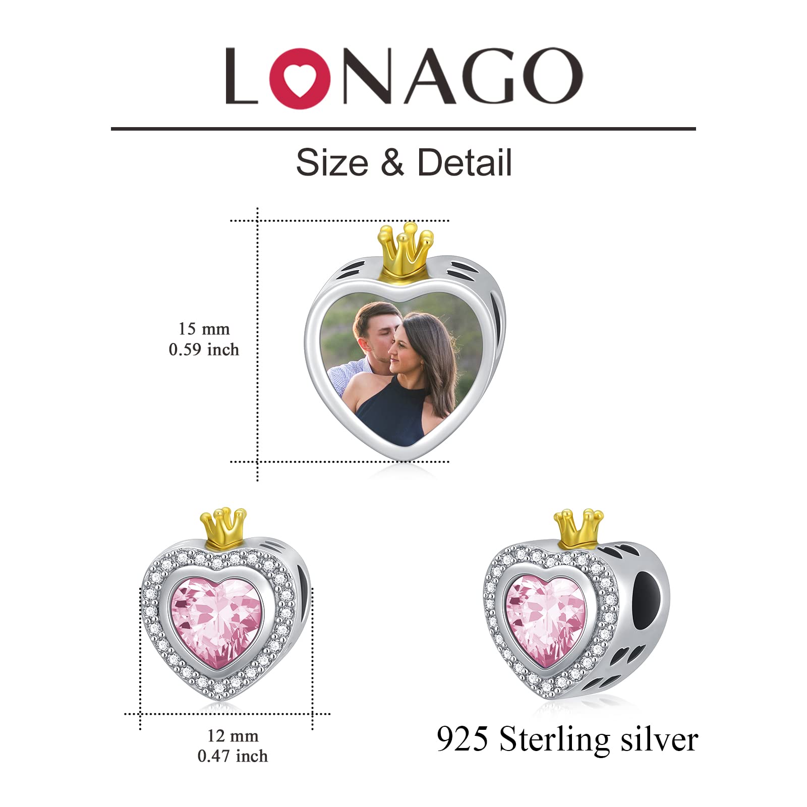 LONAGO Personalized Photo Charm for Women 925 Sterling Silver Heart Shaped Simulated Birthstone Bead Charm (October)