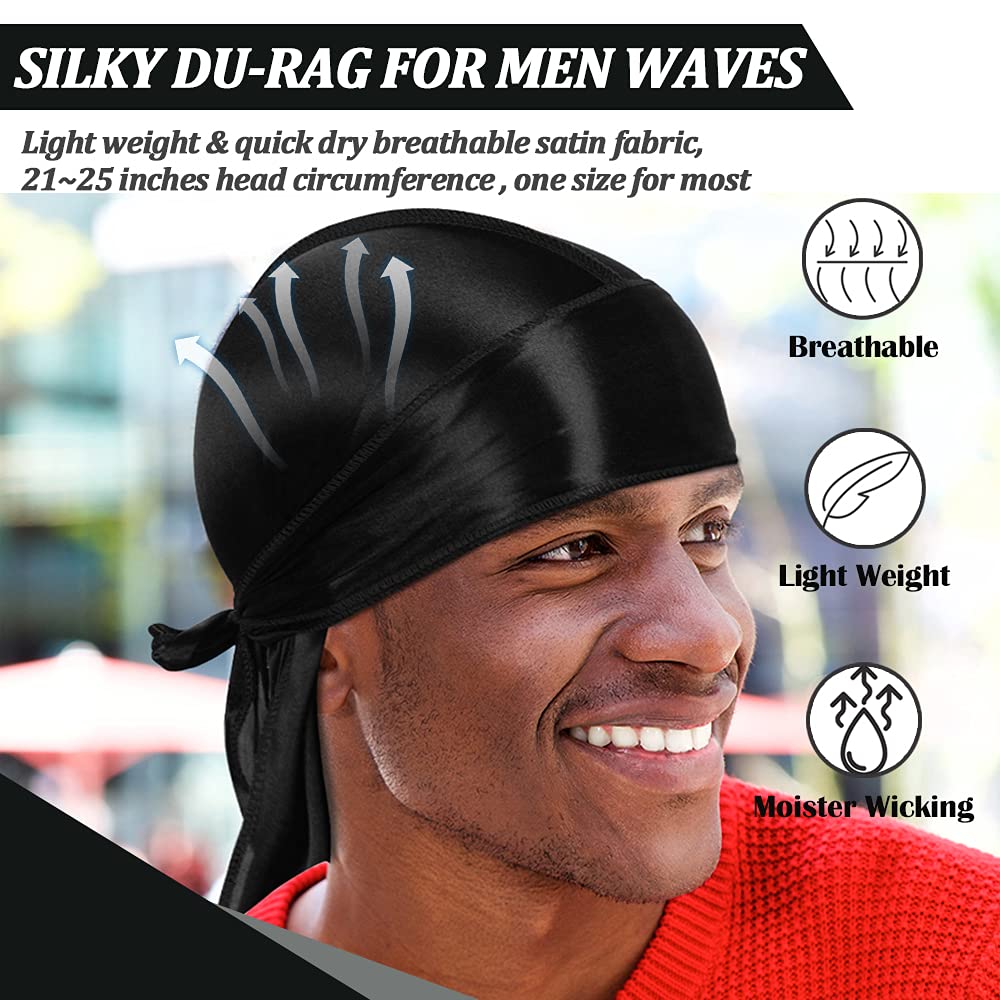 ASKNOTO 5 Pcs Silky Durag Headwraps with Long Tail and 2 Pcs Satin Wave Cap Perfect for Men 360 Waves