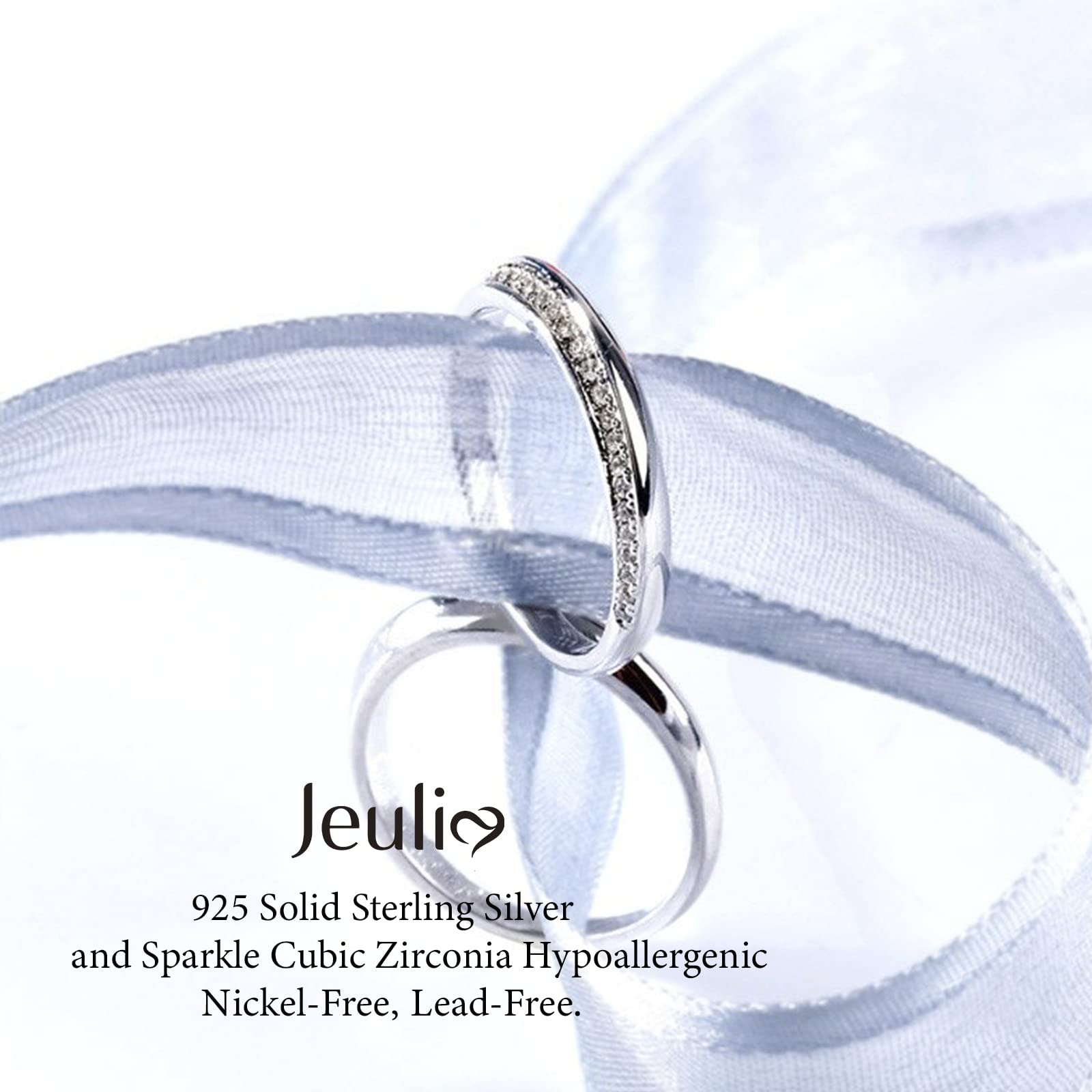 Jeulia Sterling Silver Couple Rings for His and Her Stylish Design Round Cut Matching Anniversary Wedding Diamond Ring Band Engraving Jewelry Set Valentine Day with Gift Box (Women's Band, 8)