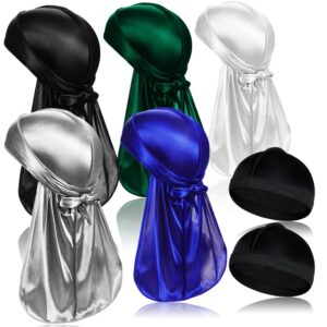 asknoto 5 pcs silky durag headwraps with long tail and 2 pcs satin wave cap perfect for men 360 waves