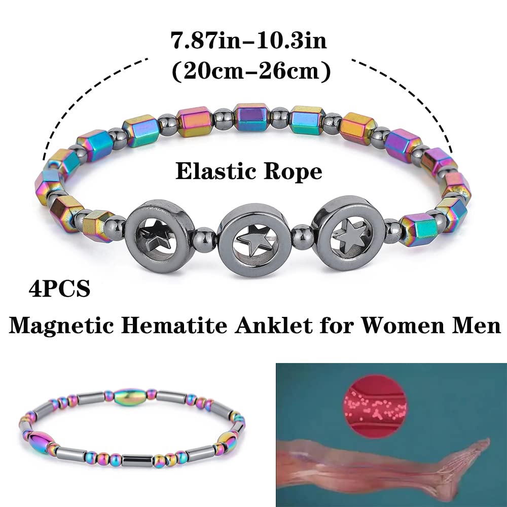 VALIJINA 4pcs Hematite Anklet for Women Men - Hematite Stone Anklet Anxiety Relieve Anklet Circle Star Anklets